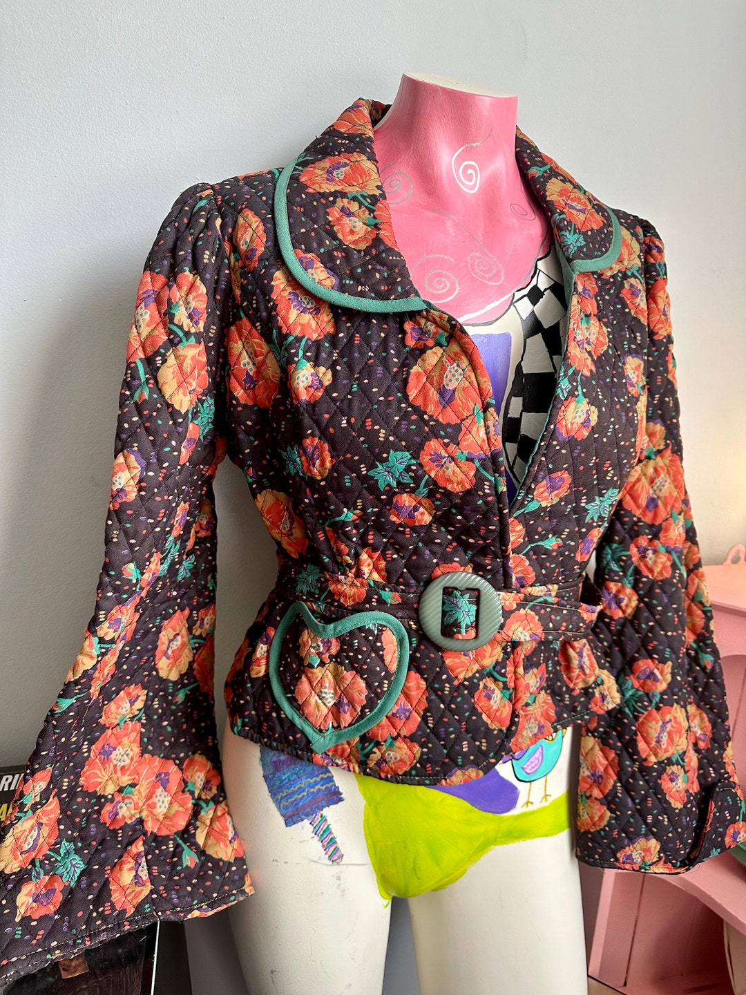 Vintage 70s Quilted Floral Cropped Jacket. Black W/ Orange, Purple ...