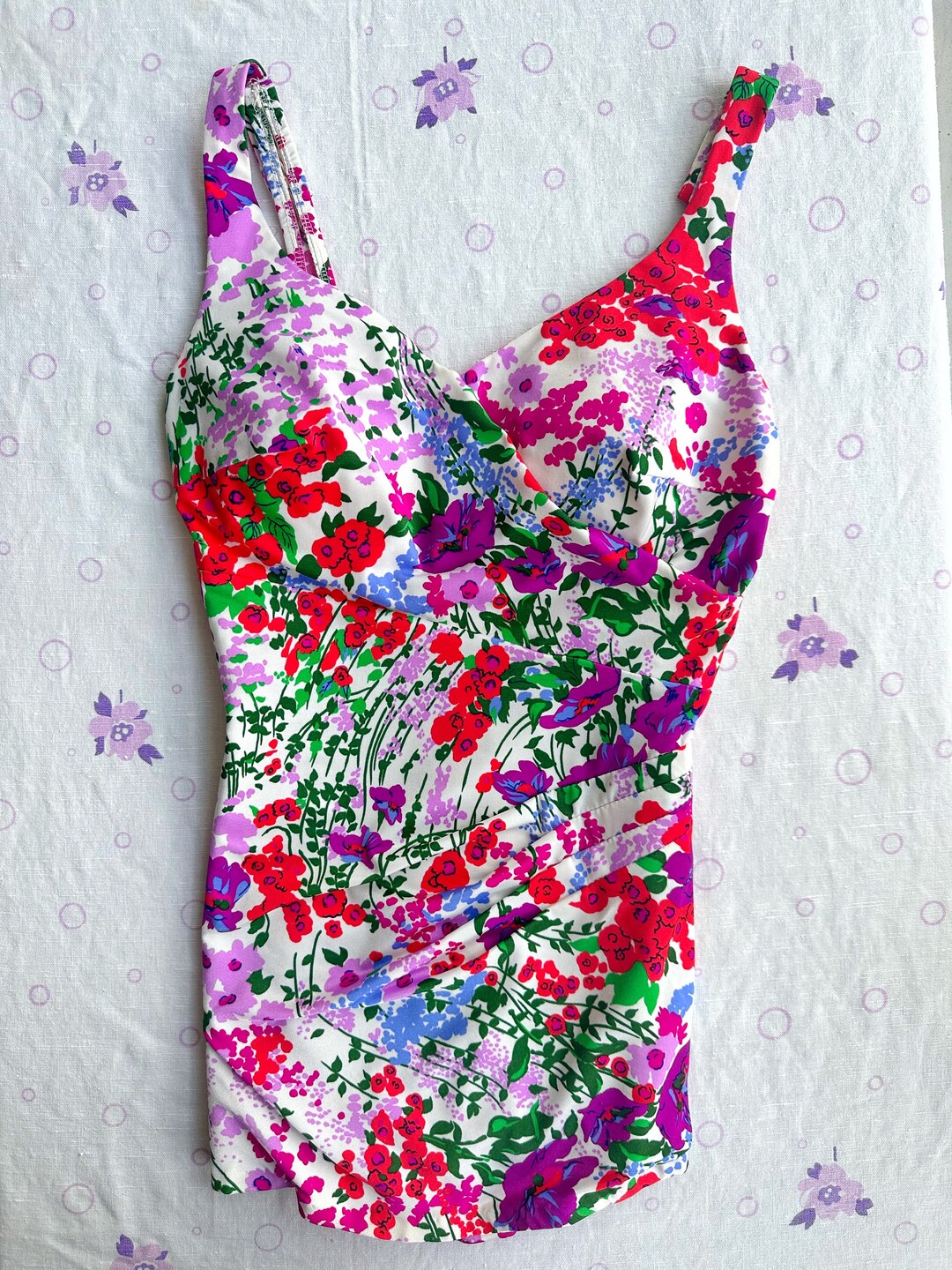 Vintage 70s Ladies Bathingsuit. White W/ Bright Purple & Pink Flowers ...
