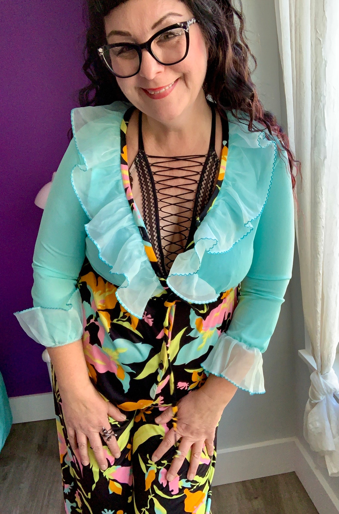 Ladies Vintage 70s Romper. Black, Pink, Seafoam Green, Orange & Yellow ...
