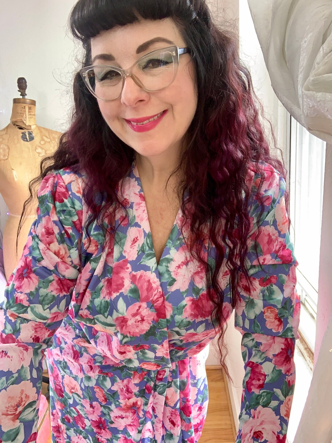 Womens Vintage 90s Secretary Flirty Dress. Pink and Blue Floral. Medium ...