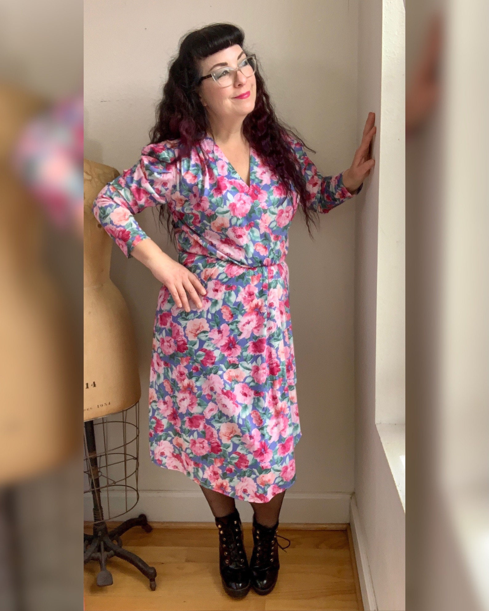 Womens Vintage 90s Secretary Flirty Dress. Pink and Blue Floral. Medium ...