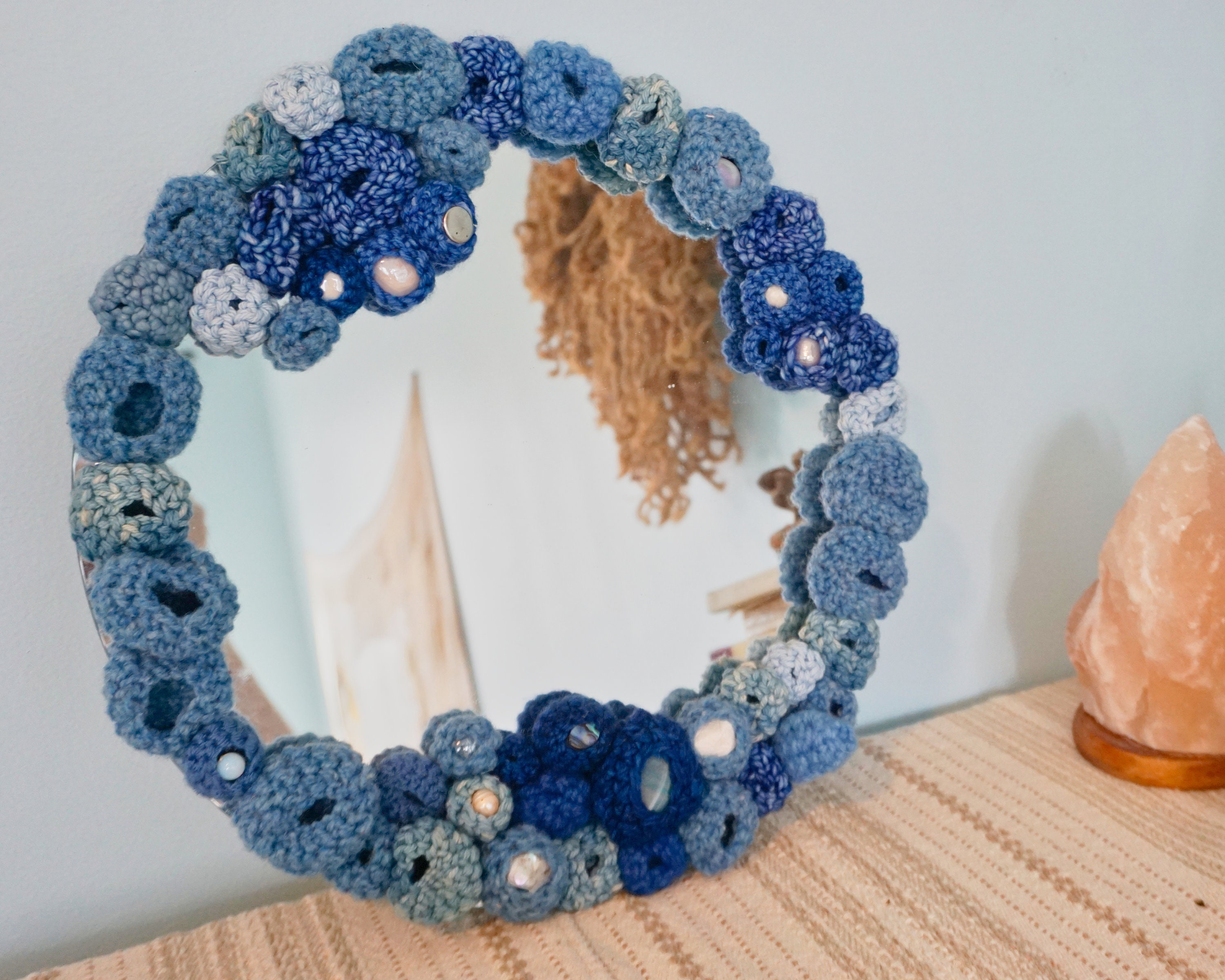 Blue Bubble Crochet Mirror Decorative Fiber Art - Etsy