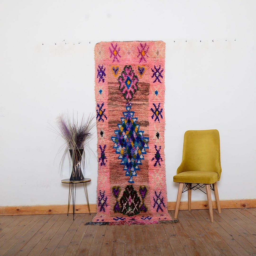 Pink Moroccan Wool Rug Runner: Berber Boujaad Hallway Carpet - Etsy