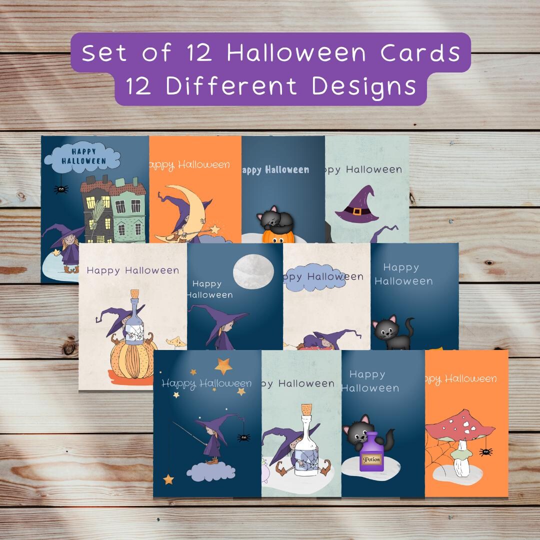 Halloween Cards, Set of 12 Cute Halloween Designs, Handmade Halloween ...