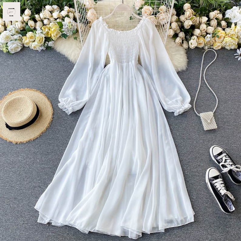 Women's Elegant Boho Dress White Chiffon Dress Neck off - Etsy