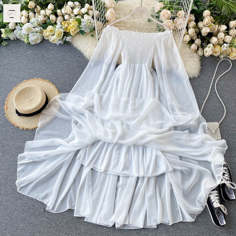 Women's Elegant Boho Dress White Chiffon Dress Neck off - Etsy