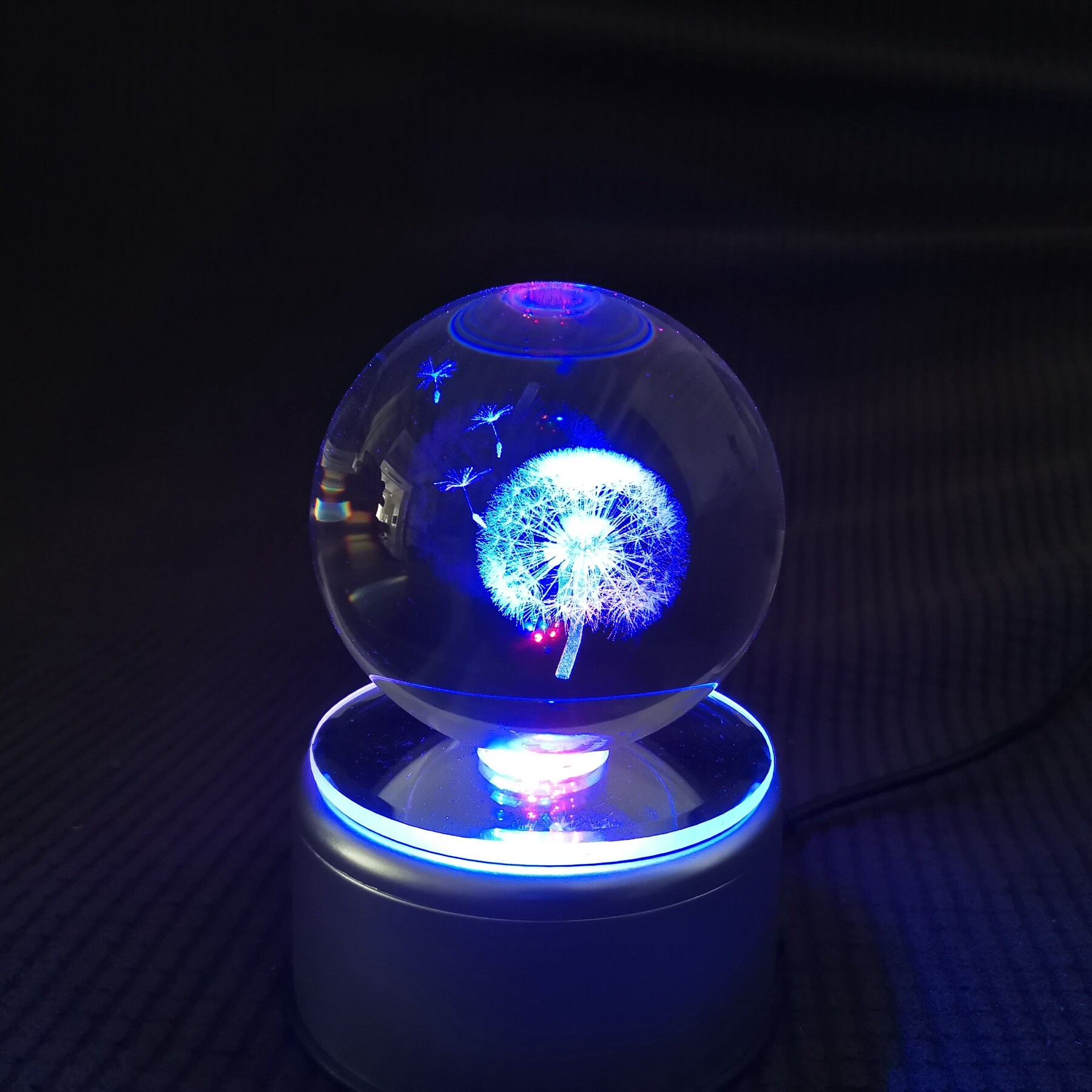 3D Dandelion Crystal Ball, Rotating Base With Colorful Lights 3.15 In ...