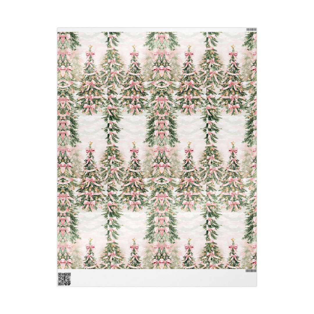 Coquette Christmas Gift Wrap With Pink Ribbon Trees, Romantic Vintage ...