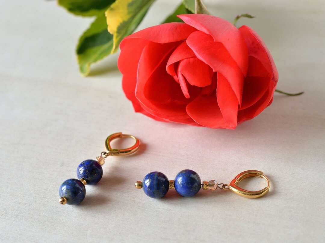 Lange baumelnde Ohrringe 4 cm Lapislazuli, Topas und vergoldet, echter ...