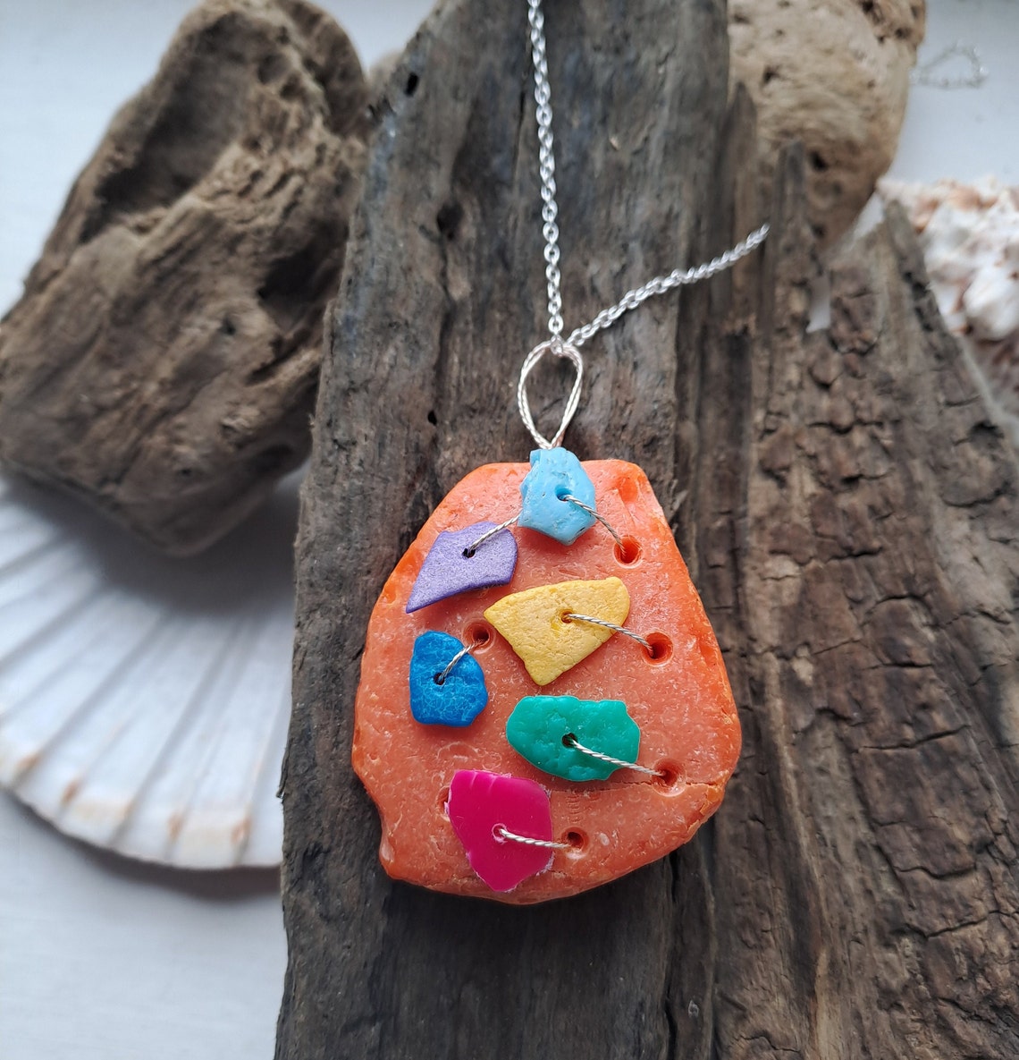 Eco-beach Orange and Multi-coloured Recycled Sea-worn Plastic Pendant ...