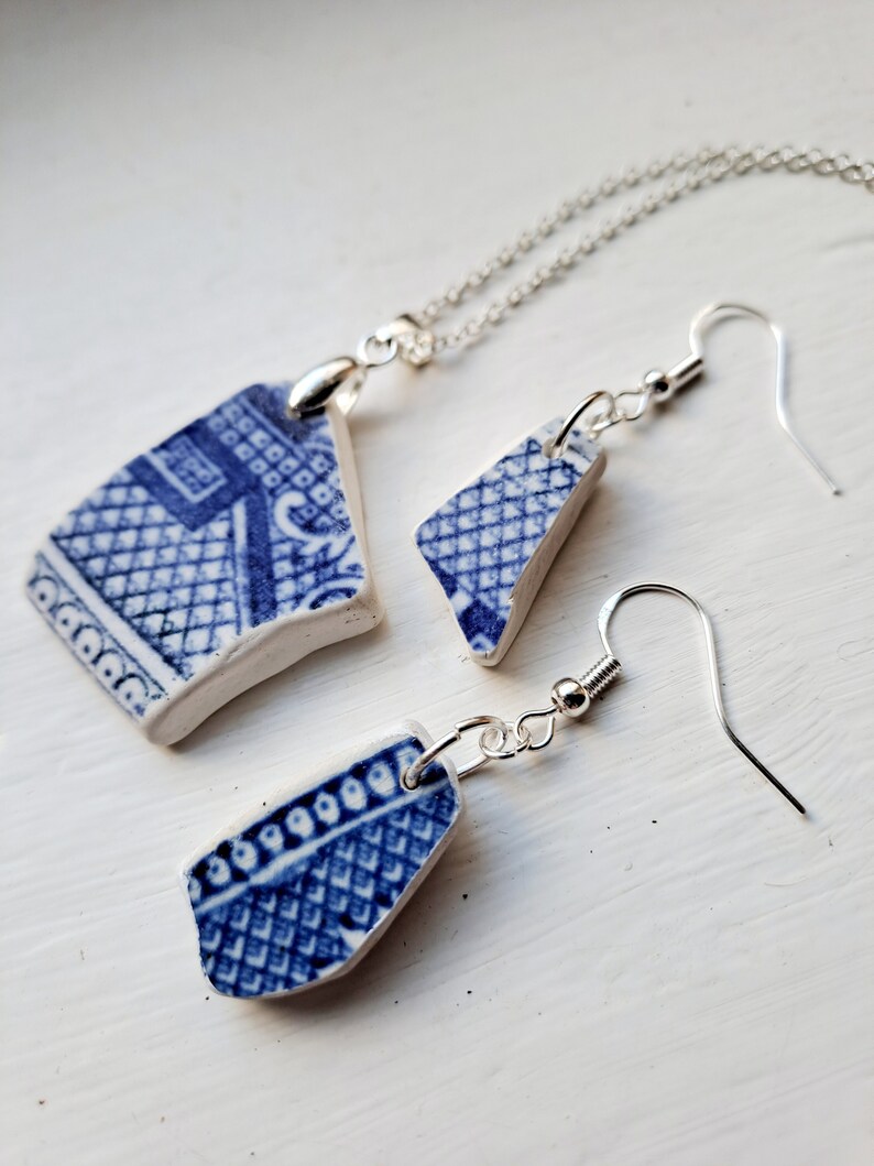 Antique Blue and White Sea Pottery Pendant and Earring Set - Etsy