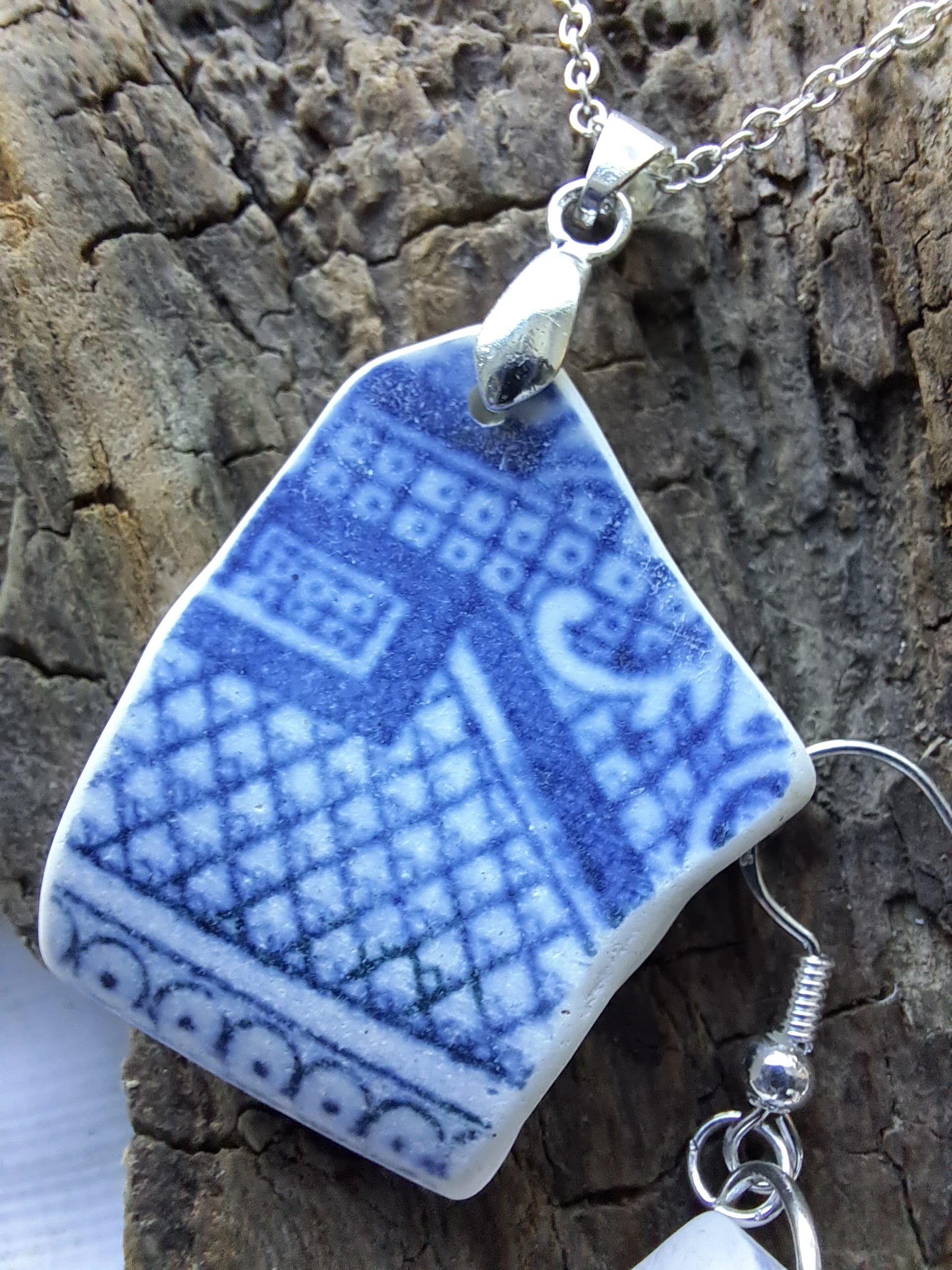 Antique Blue and White Sea Pottery Pendant and Earring Set - Etsy