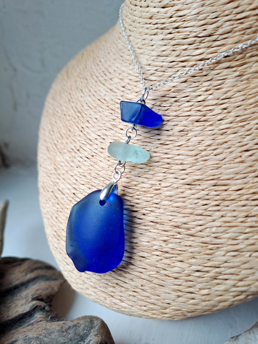 Cobalt & Aqua Sea Glass Pendant: Sterling Silver Clasp Necklace - Etsy