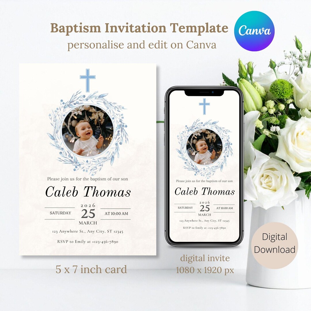 Baptism Invitation Template, Boys Baptism Announcement, Digital ...