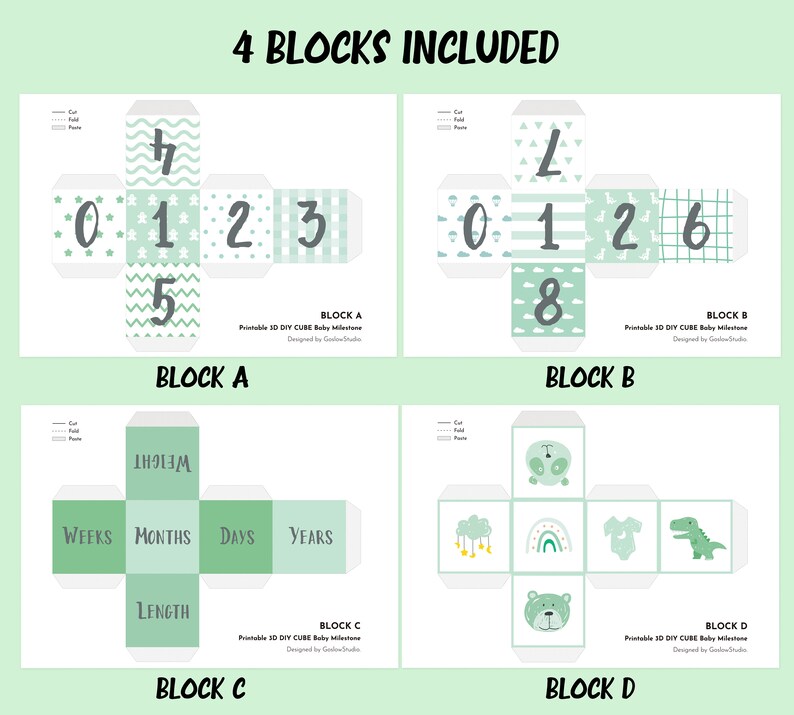 Printable Green Baby Milestone Cube for Photos Baby | DIY 3d Milestone ...