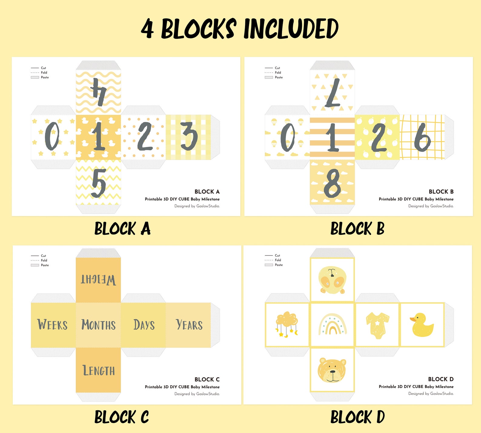 Printable Yellow Baby Milestone Cube for Photos Baby | DIY 3d Milestone ...