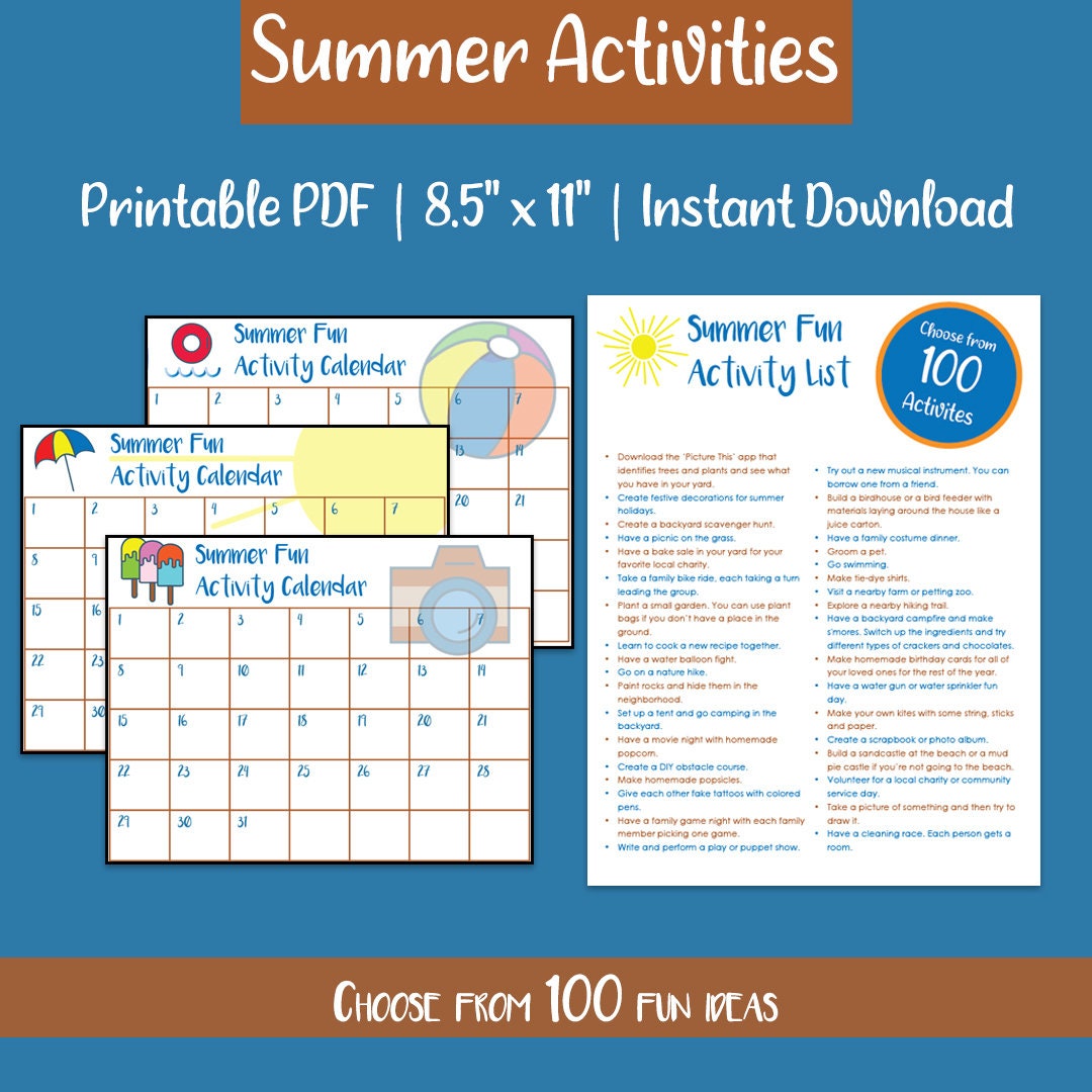 Summer Activities Printable Calendars With Ideas List - Etsy
