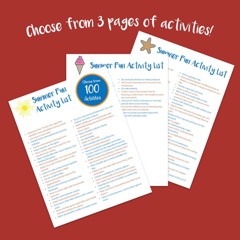 Summer Activities Printable Calendars With Ideas List - Etsy