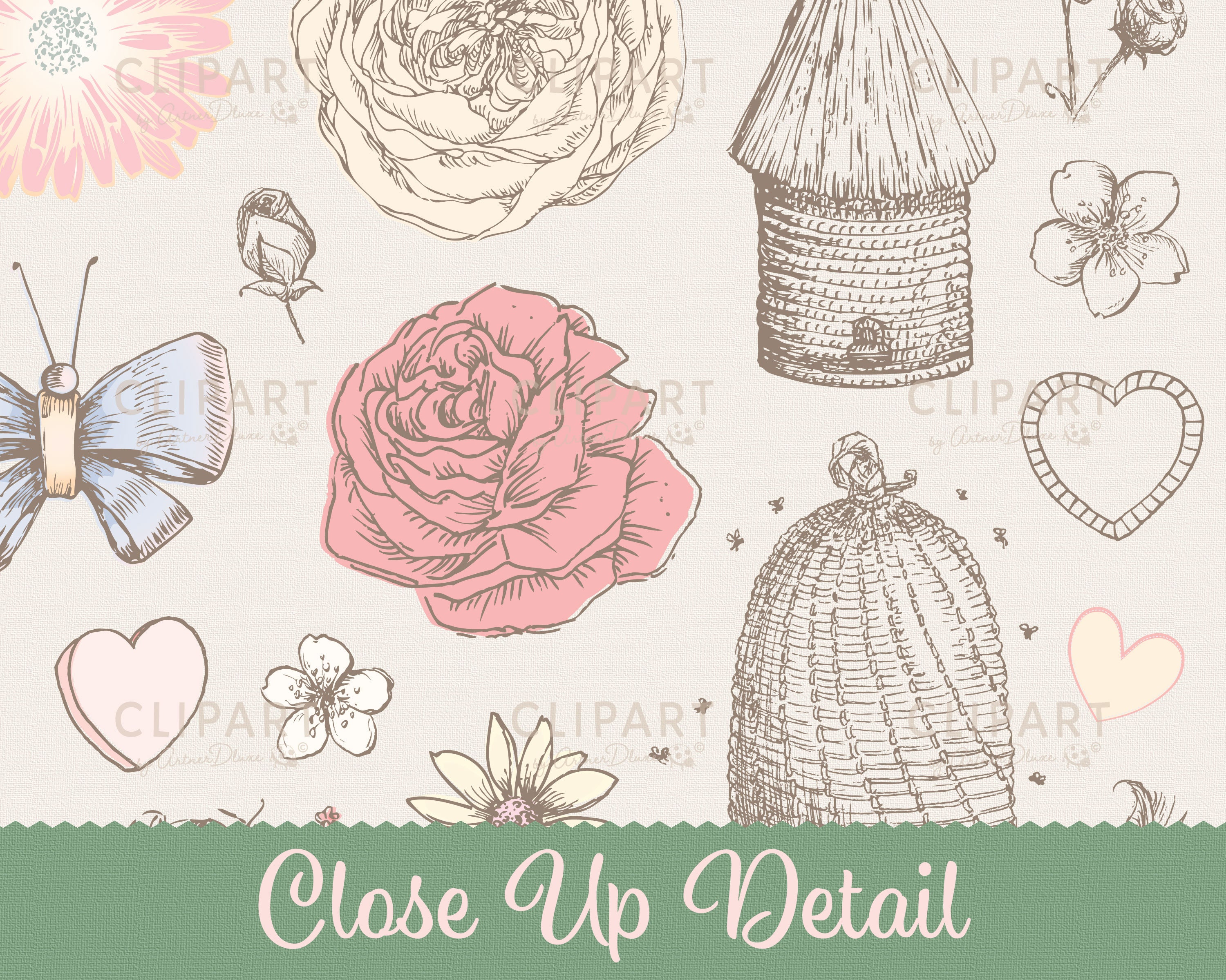 Vintage Spring Pen & Ink Clipart Bundle, Cottage Ephemera Set, Spring ...