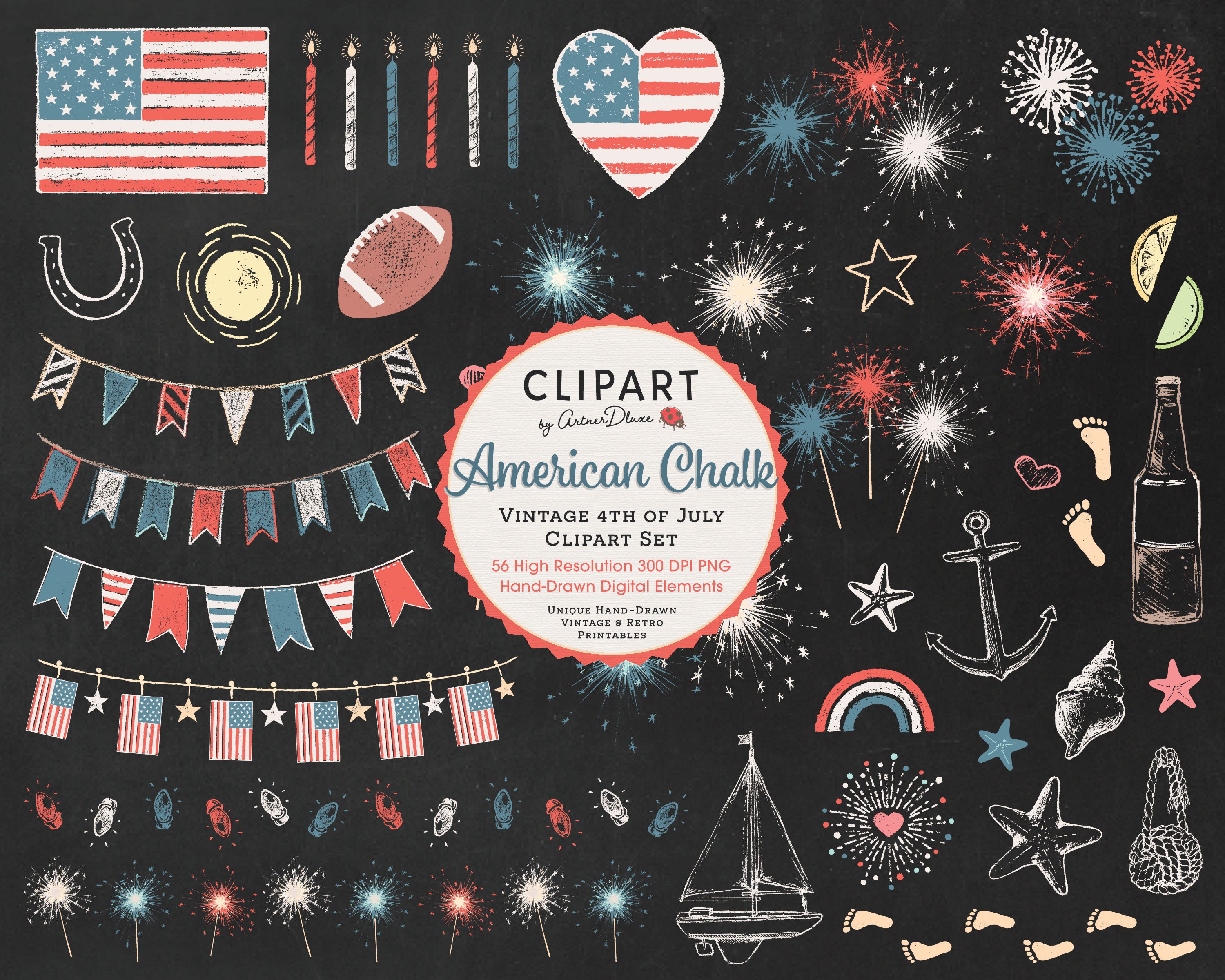 American Chalk 4th of July Clipart: Vintage USA Patriotic Doodles (PNG ...