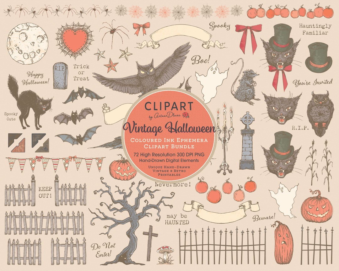 Vintage Halloween Clipart Bundle, Spooky Ephemera, Gothic PNG Set ...