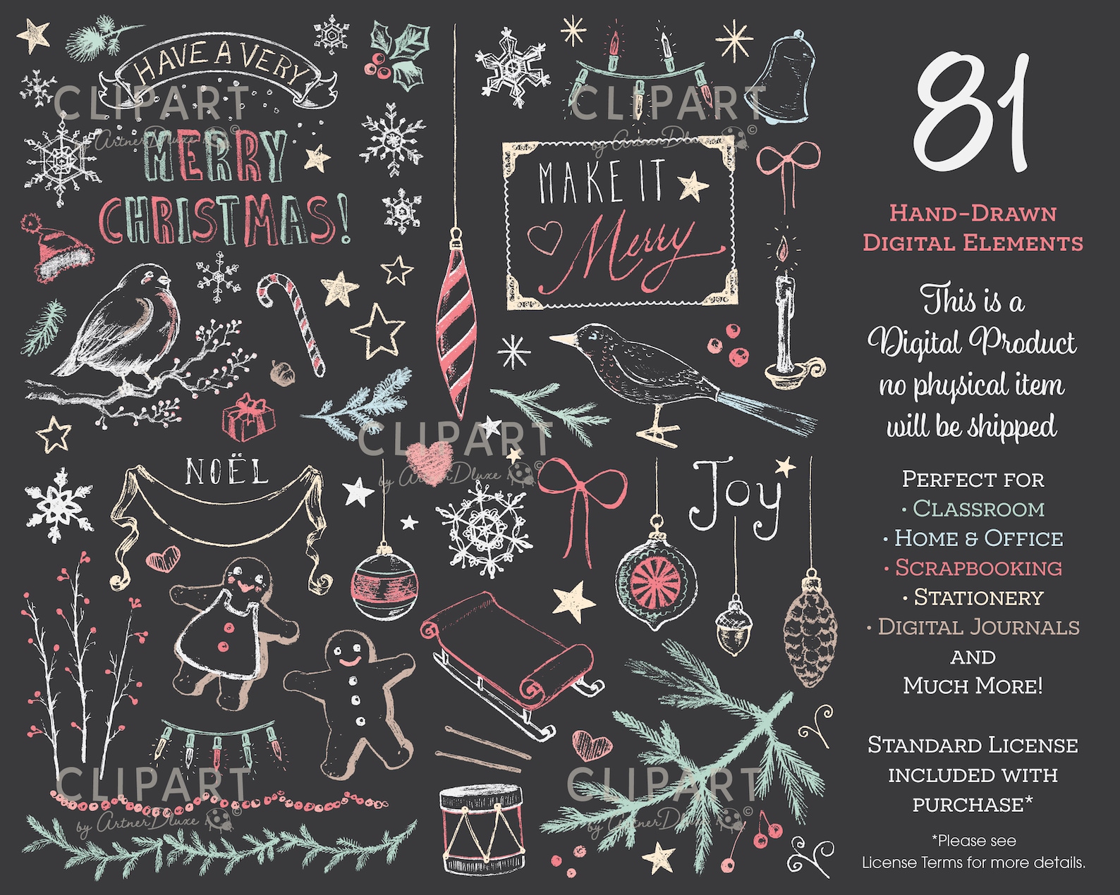 Chalk Christmas Doodles Clipart Set: Vintage Ornaments (PNG) - Etsy