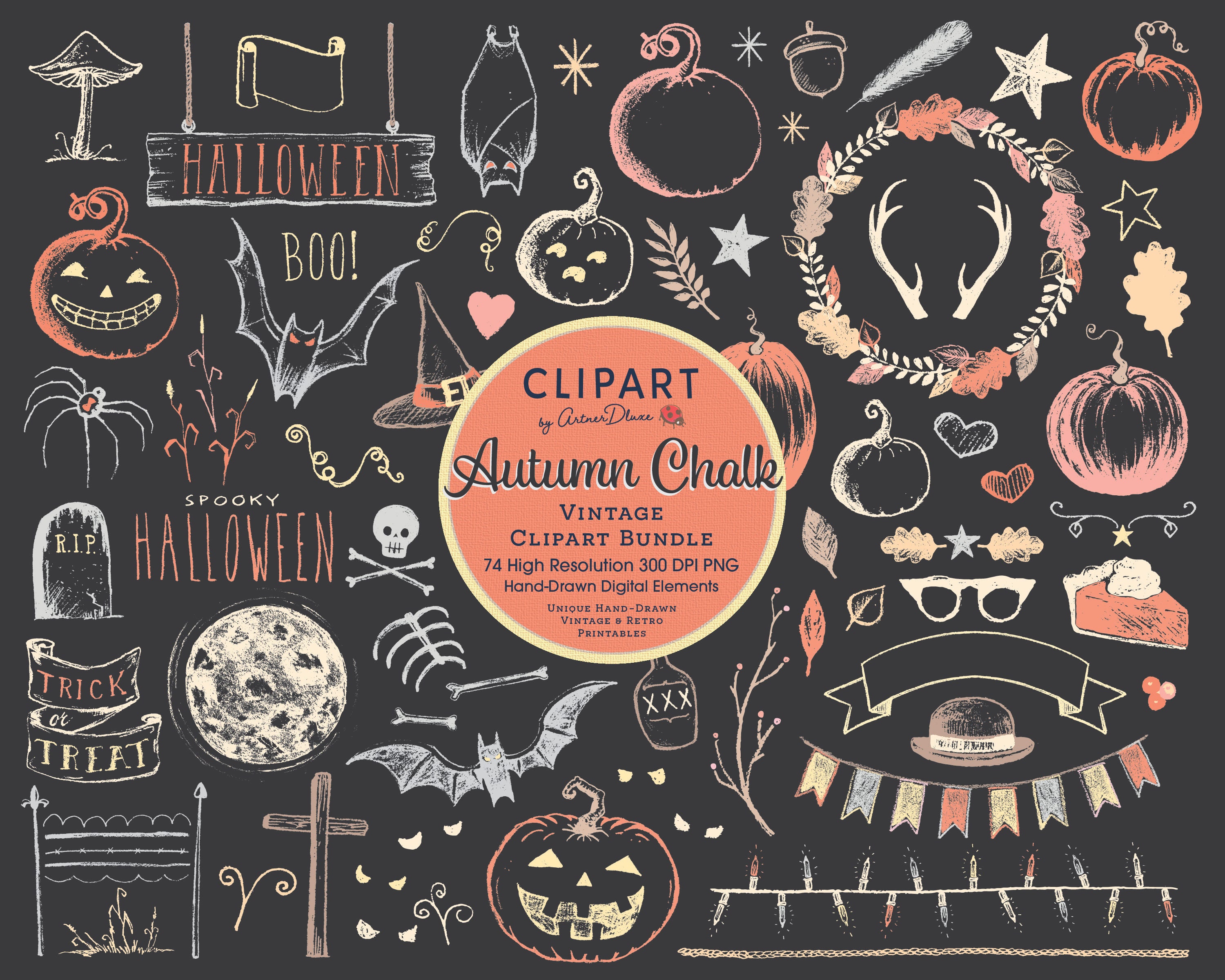 Autumn Chalk Clipart Bundle, Farmhouse Thanksgiving, Halloween Doodles ...