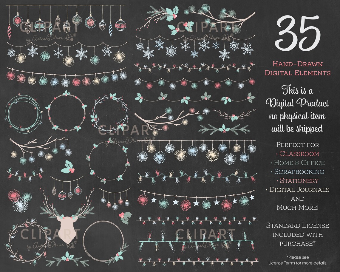 Chalk Christmas Borders Frames Clipart Set, Holiday Wreath, Hygge PNG ...