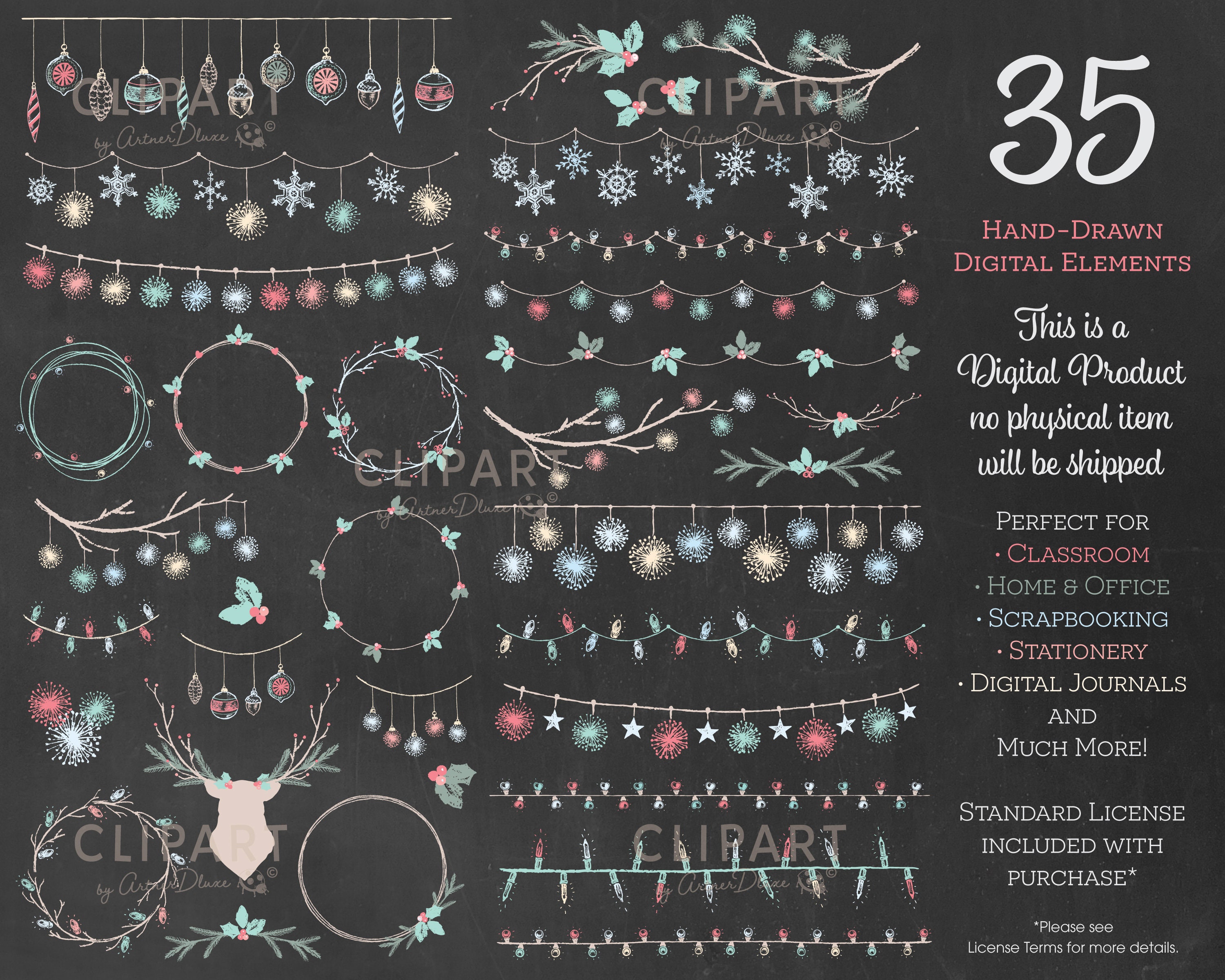Chalk Christmas Borders Frames Clipart Set, Holiday Wreath, Hygge PNG ...