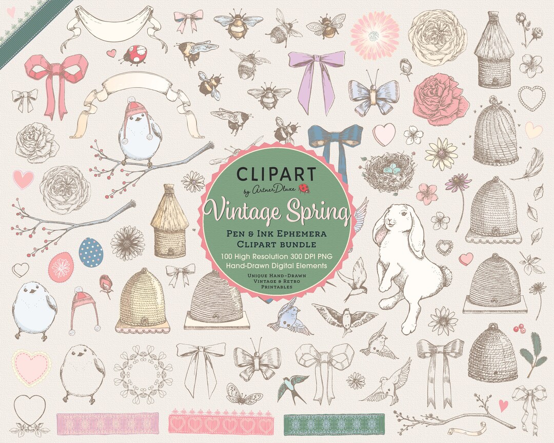 Vintage Spring Pen & Ink Clipart Bundle, Cottage Ephemera Set, Spring ...