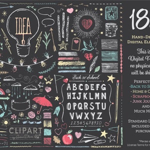 Back to School Chalk Doodles, Classroom Drawings Clipart Bundle ...