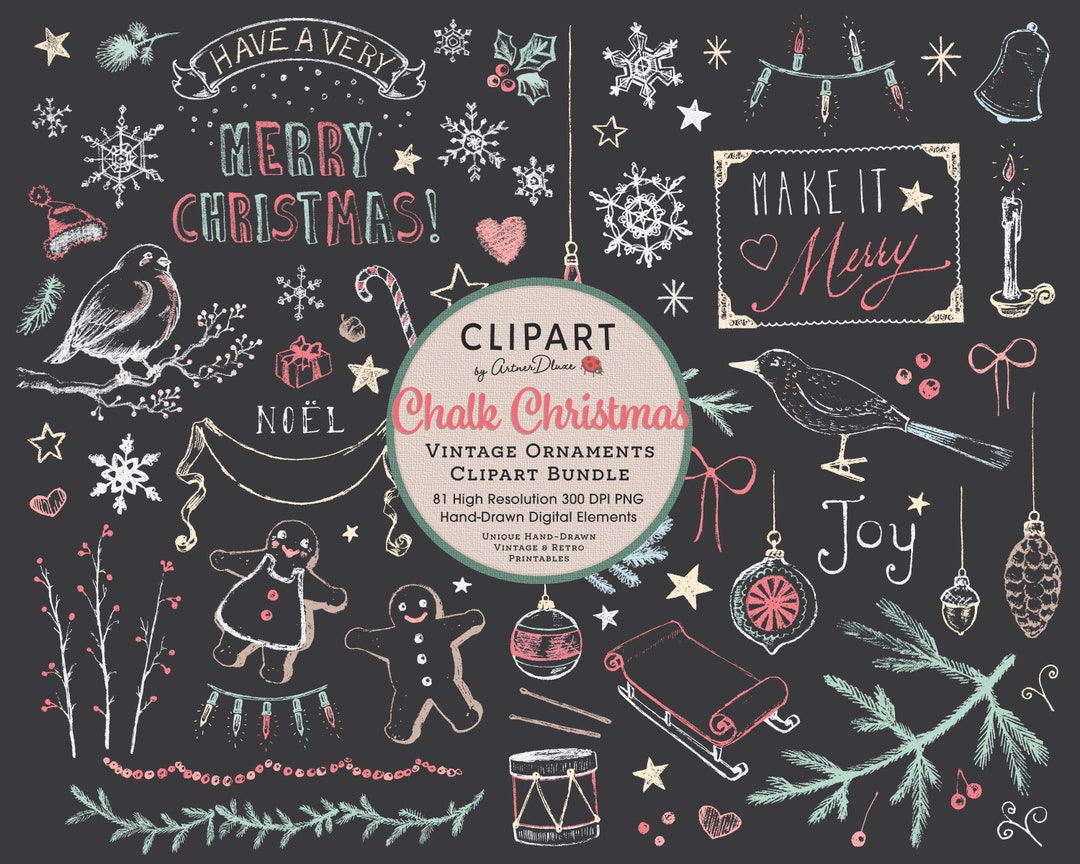 Chalk Christmas Doodles Clipart Set: Vintage Ornaments (PNG) - Etsy