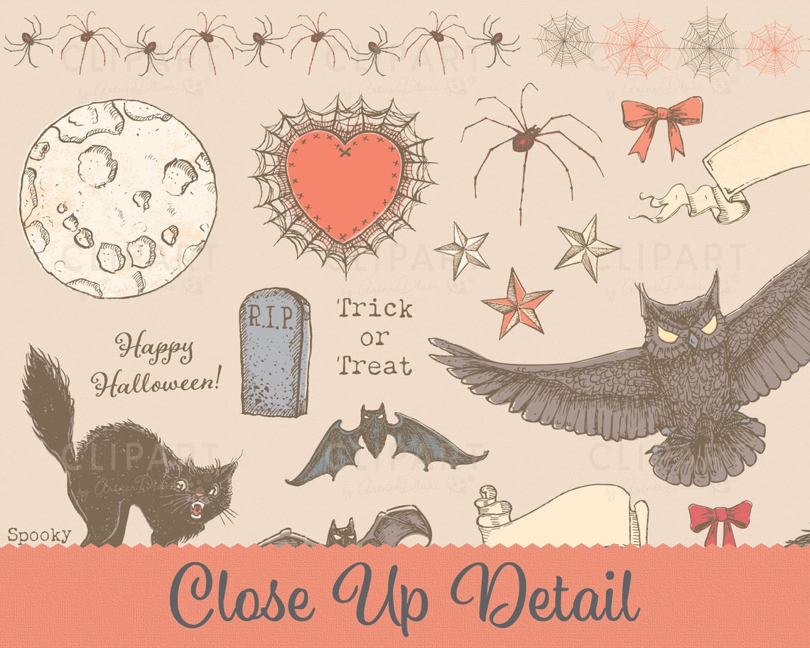 Vintage Halloween Clipart Bundle, Spooky Ephemera, Gothic PNG Set ...