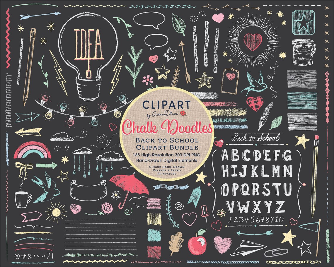 Back to School Chalk Doodles, Classroom Drawings Clipart Bundle ...