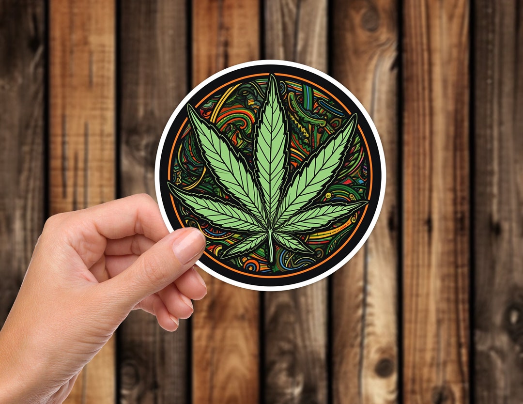 Round Cannabis Leaf Vinyl Sticker Artistic Weed Leaf Art Natural Aesthetic Stoner Decal 420 ...