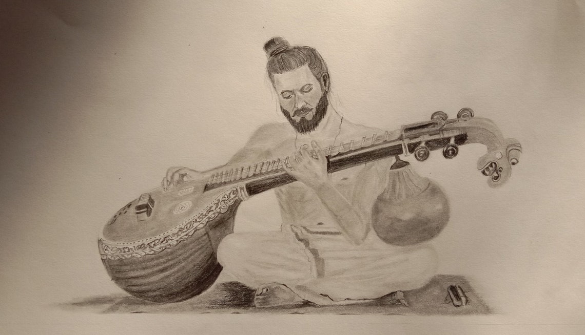 Indian Mythology Sketch/ravana Playing Veena Instrument. - Etsy New Zealand