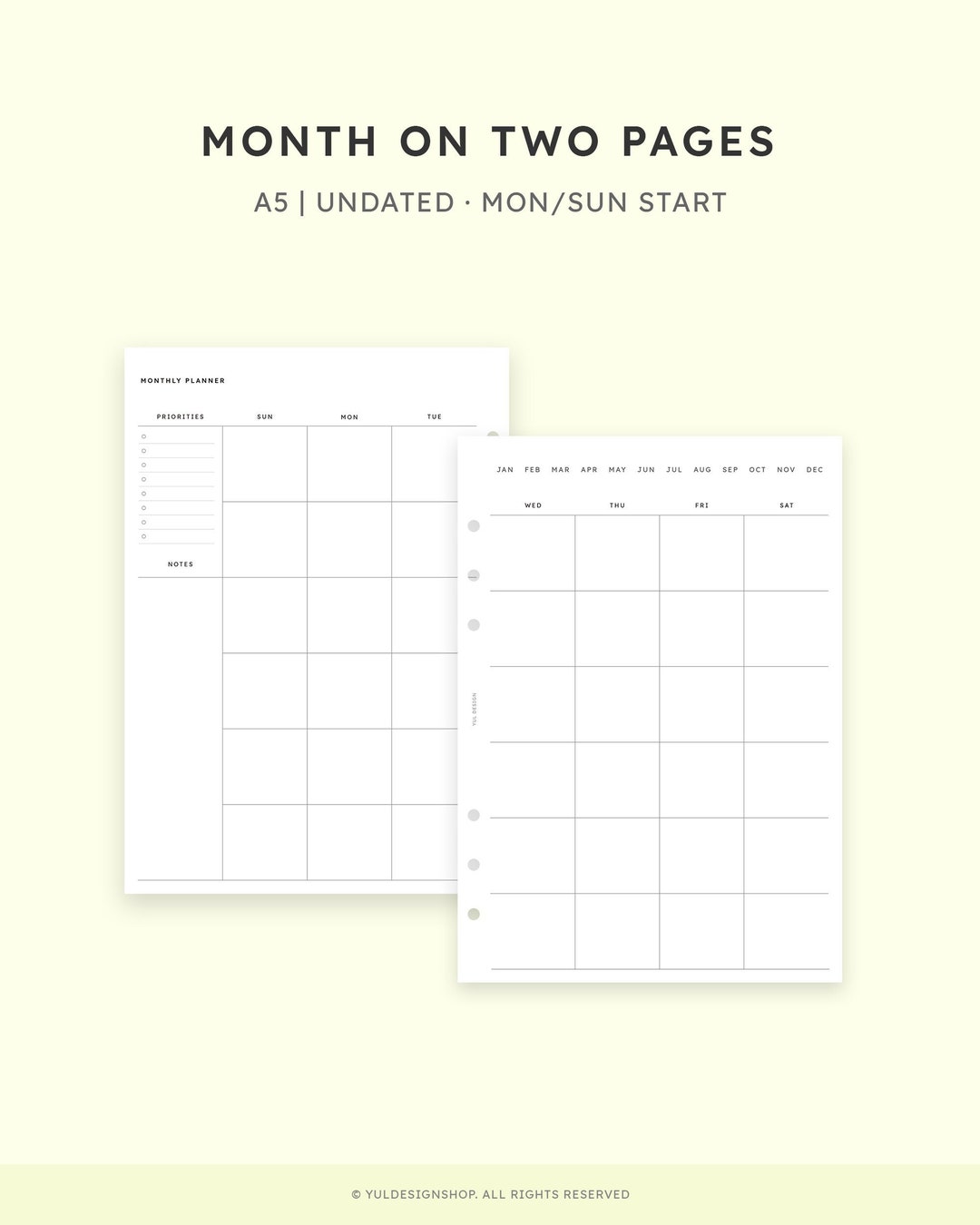 Undated Monthly Planner on Two Pages | Printable Monthly Inserts | PDF ...