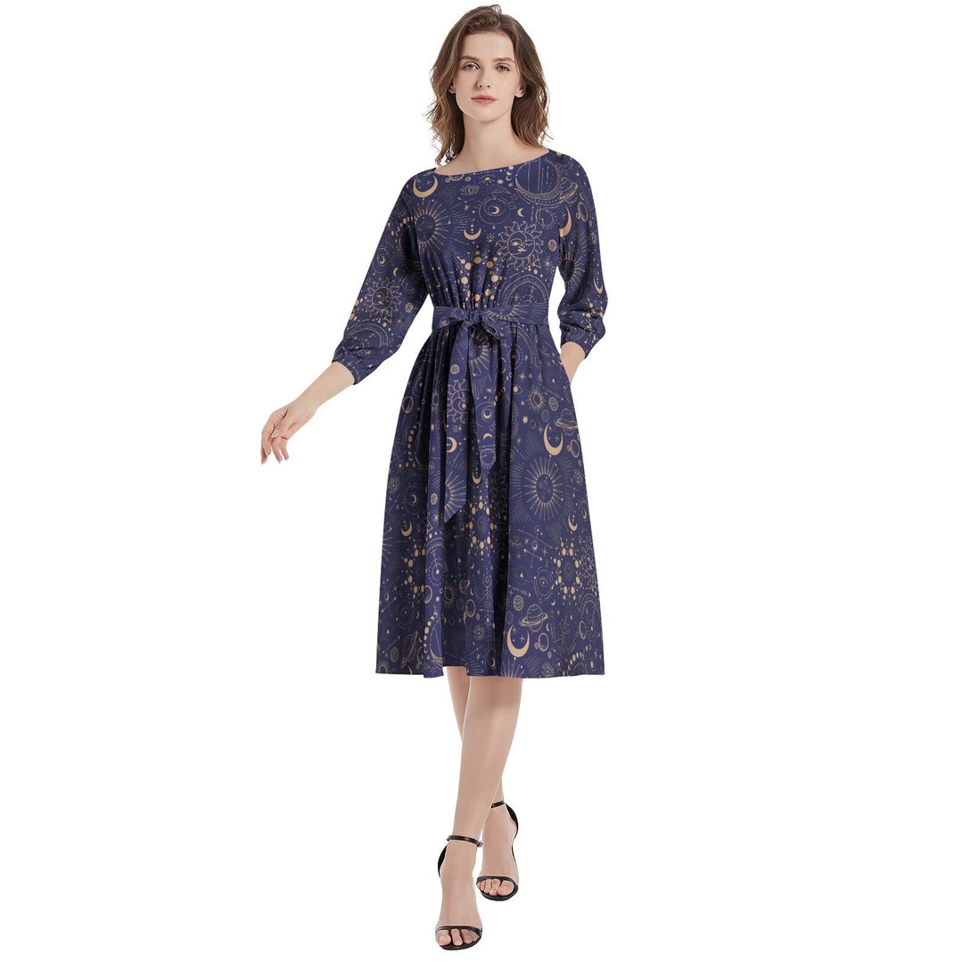 Celestial Navy Blue Boat Neck Belted Flared Dress - Etsy