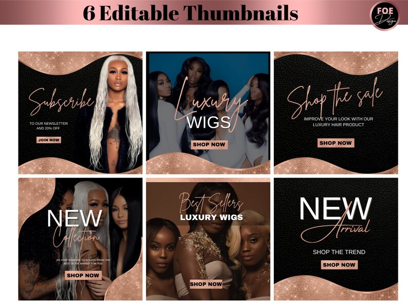DIY Rose Gold WIG and Hair Website Banner Templates-shopify Website ...