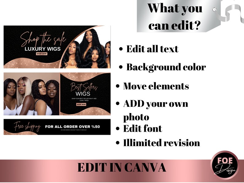 DIY Rose Gold WIG and Hair Website Banner Templates-shopify Website ...