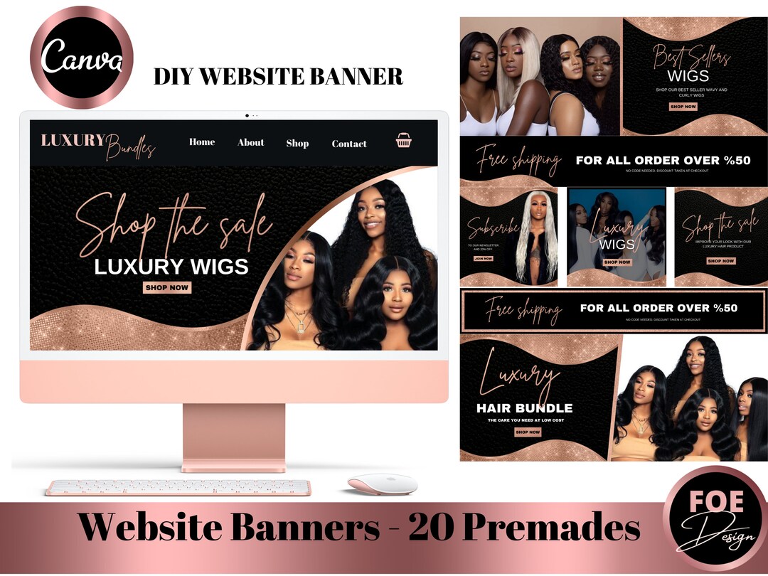DIY Rose Gold WIG and Hair Website Banner Templates-shopify Website ...