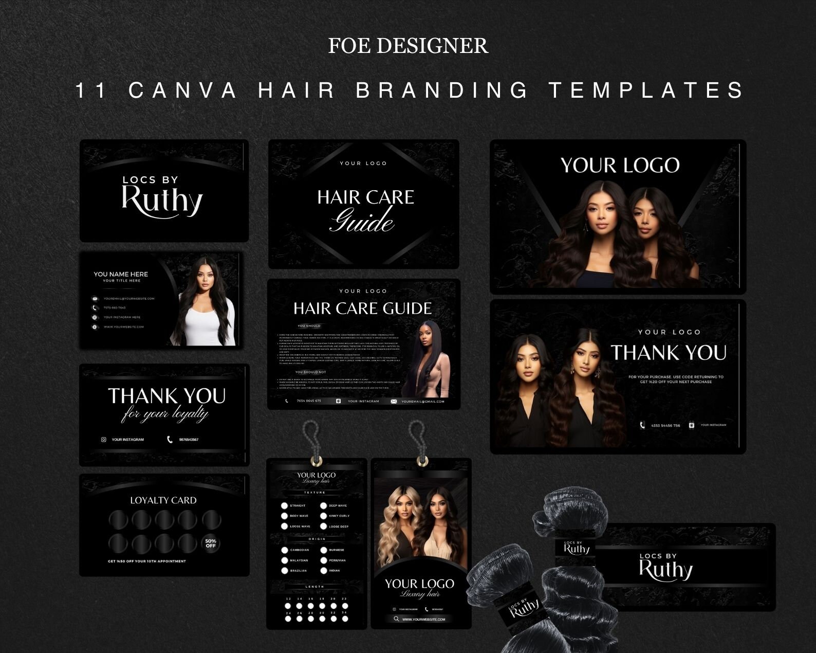 Hair Branding Kit | Hang Tags Thank You Card Kit | Canva Templates ...