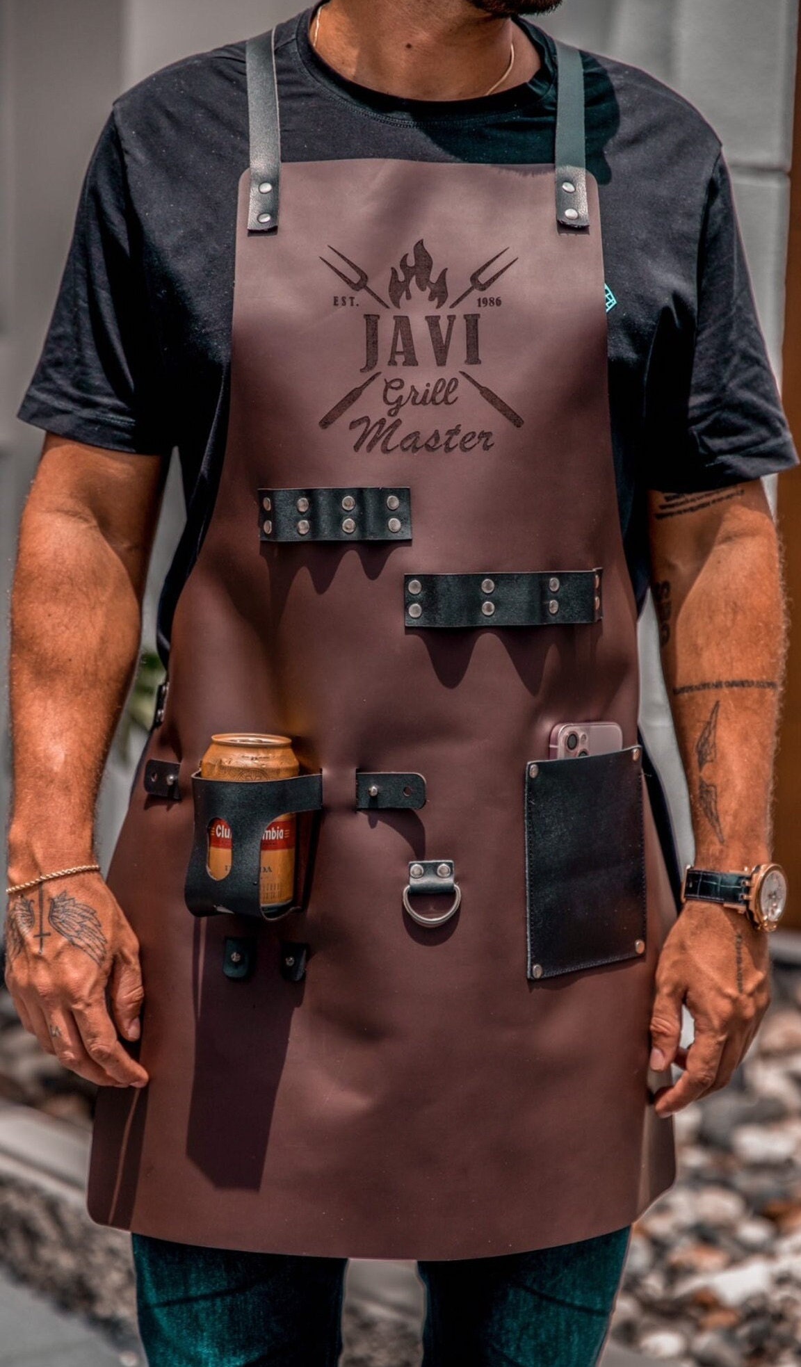 Custom Leather Apron With Drink Pockets: BBQ Grill Master Gift - Etsy