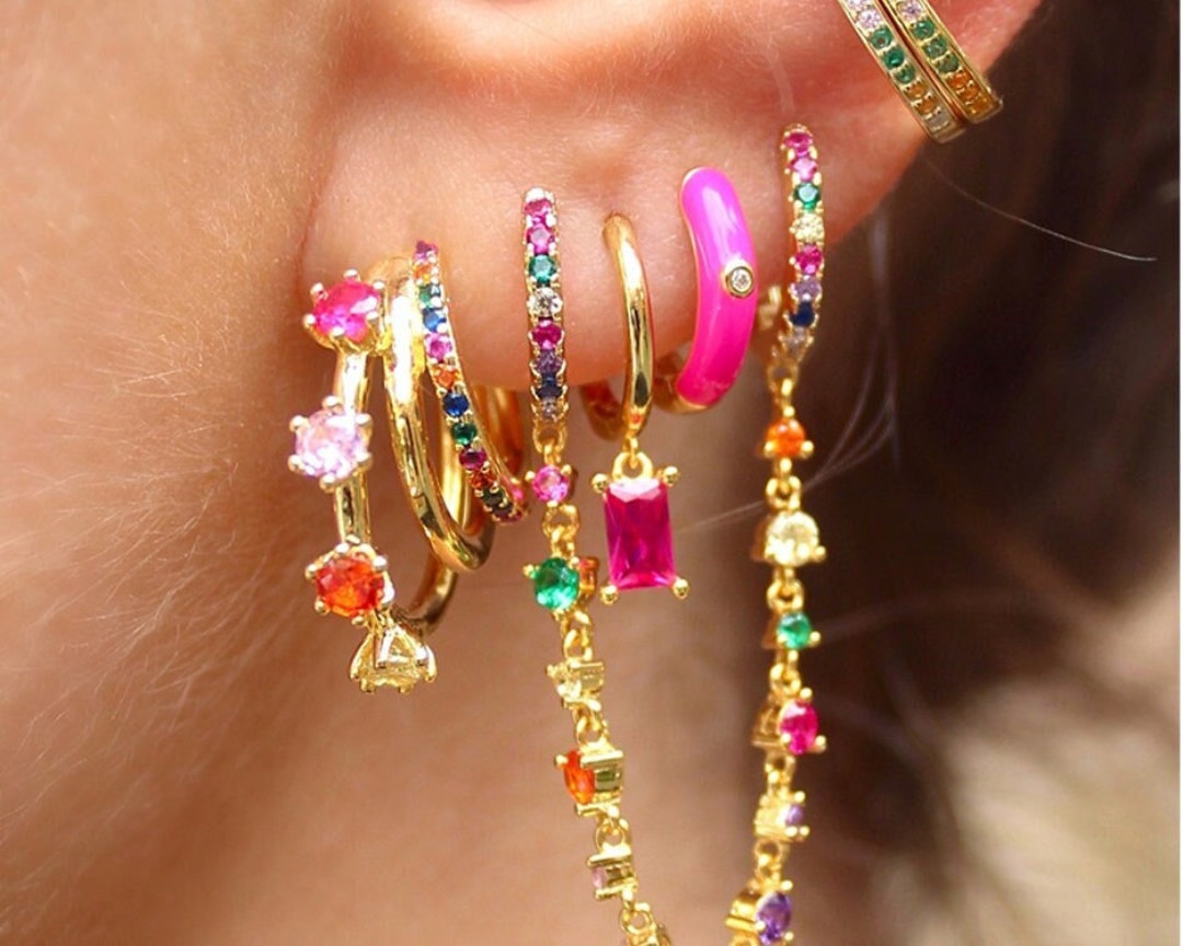 Gold Filled Huggie Hoop Earrings Set, Zircon Ear Cuffs Set, Dainty ...