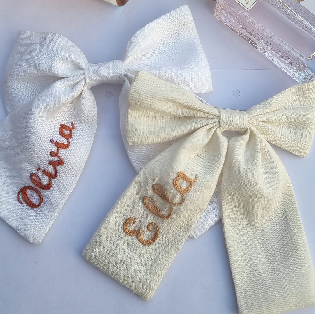 Hand Embroidered Bow, Custom Name Embroidered Hair Bow, Large Pigtail ...
