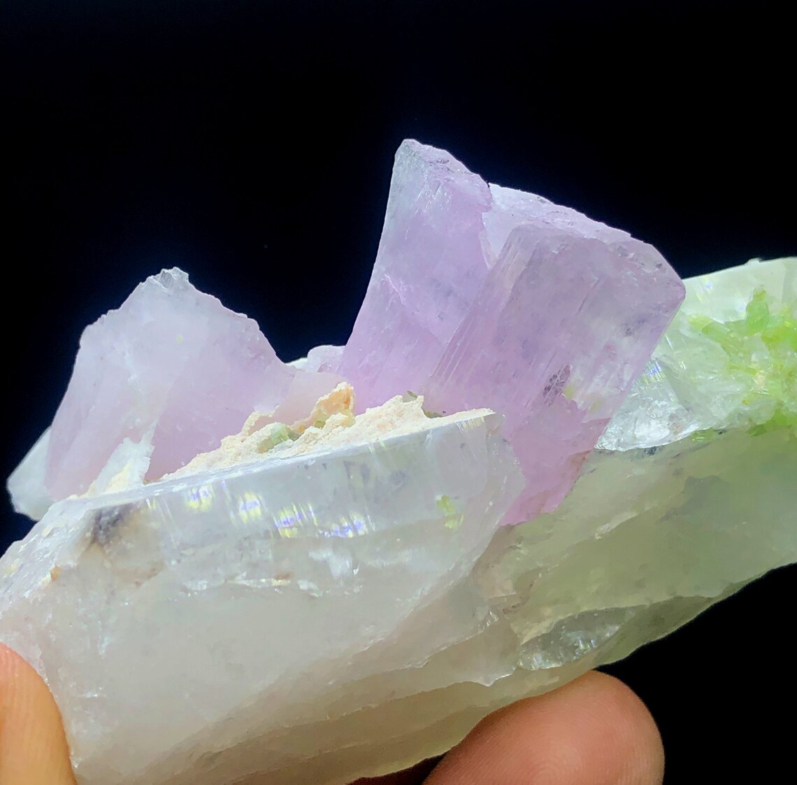 Pink Kunzite Crystal on Quartz and Green Tourmaline Bunch, Raw Kunzite ...