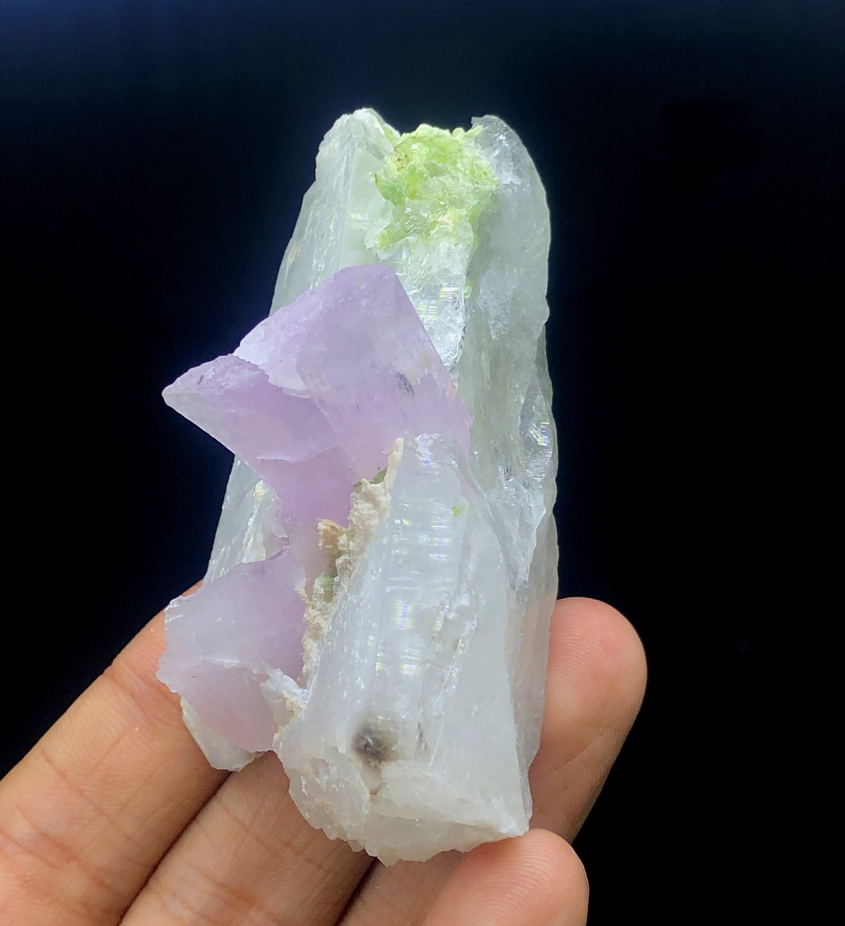Pink Kunzite Crystal on Quartz and Green Tourmaline Bunch, Raw Kunzite ...