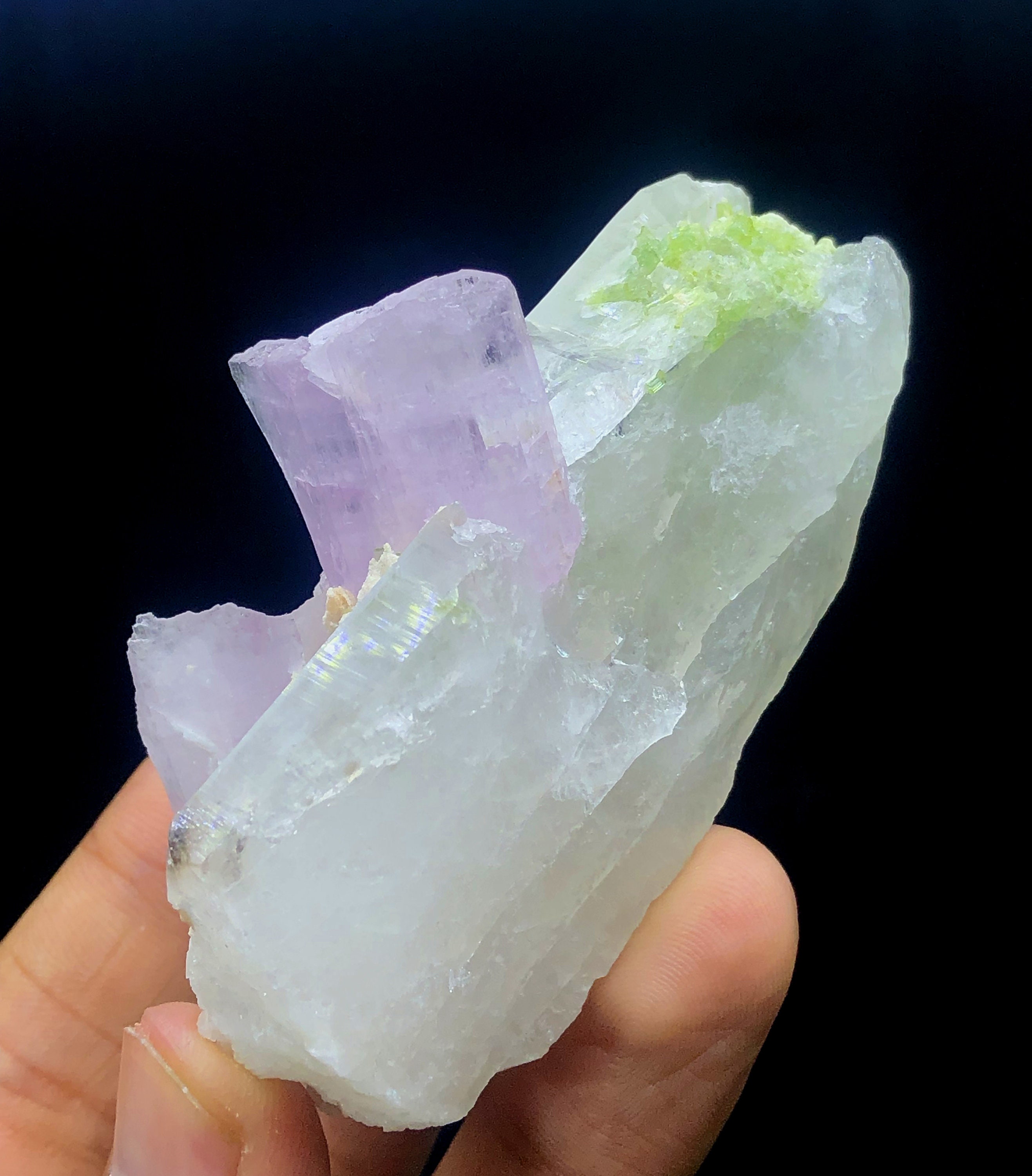 Pink Kunzite Crystal on Quartz and Green Tourmaline Bunch, Raw Kunzite ...