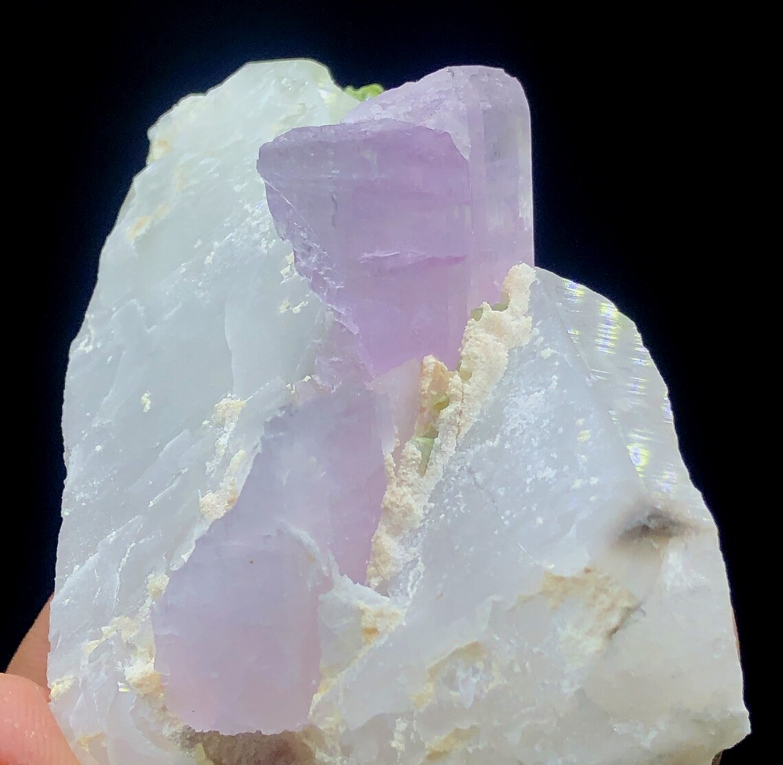 Pink Kunzite Crystal on Quartz With Green Tourmaline, Afghanistan ...