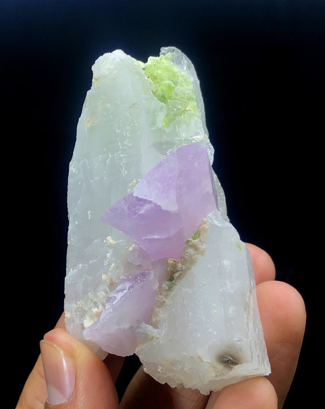 Pink Kunzite Crystal on Quartz With Green Tourmaline, Afghanistan ...